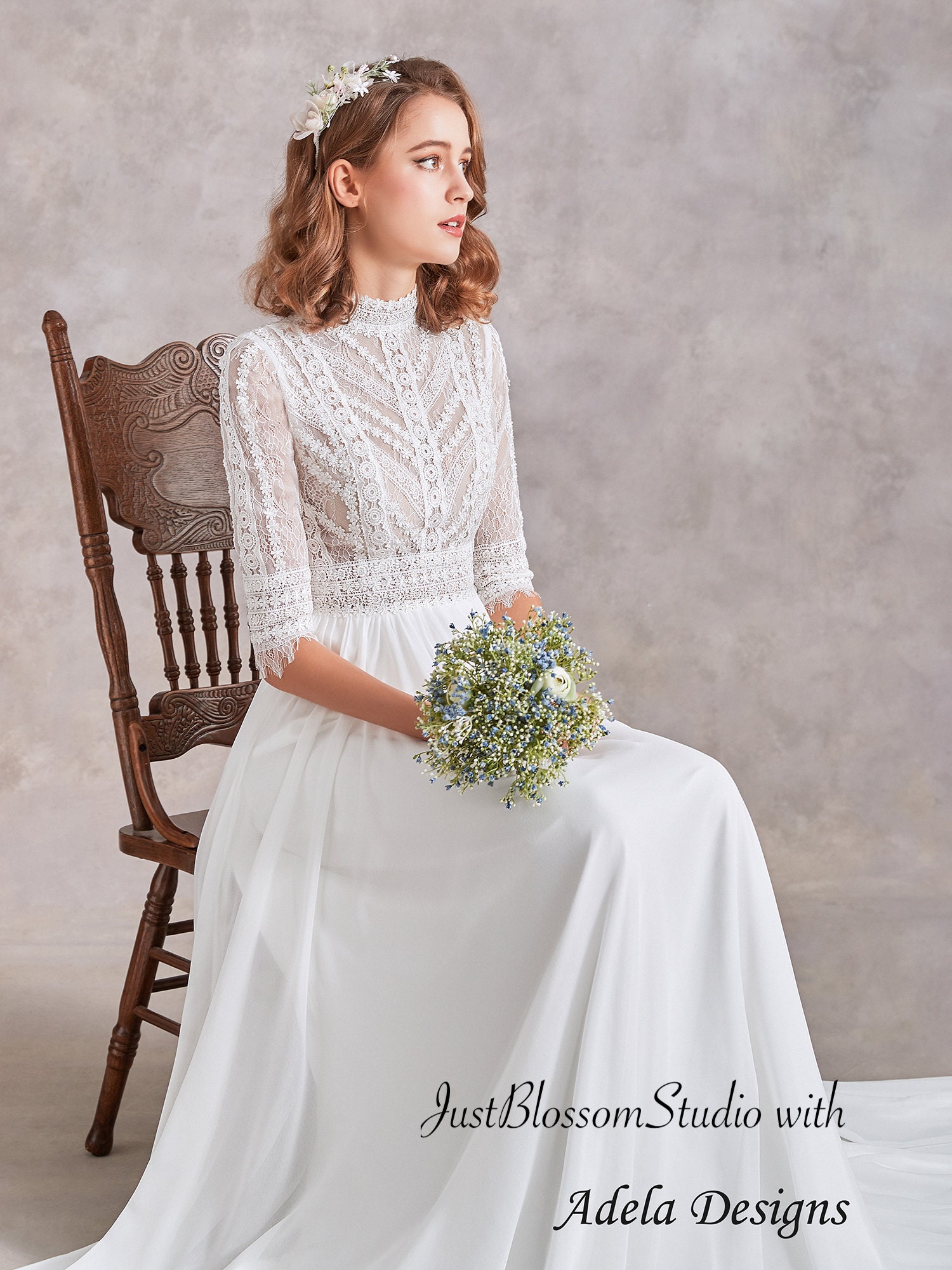 A-line Vintage Lace Long Sleeve Chiffon Boho Wedding Dress - Etsy