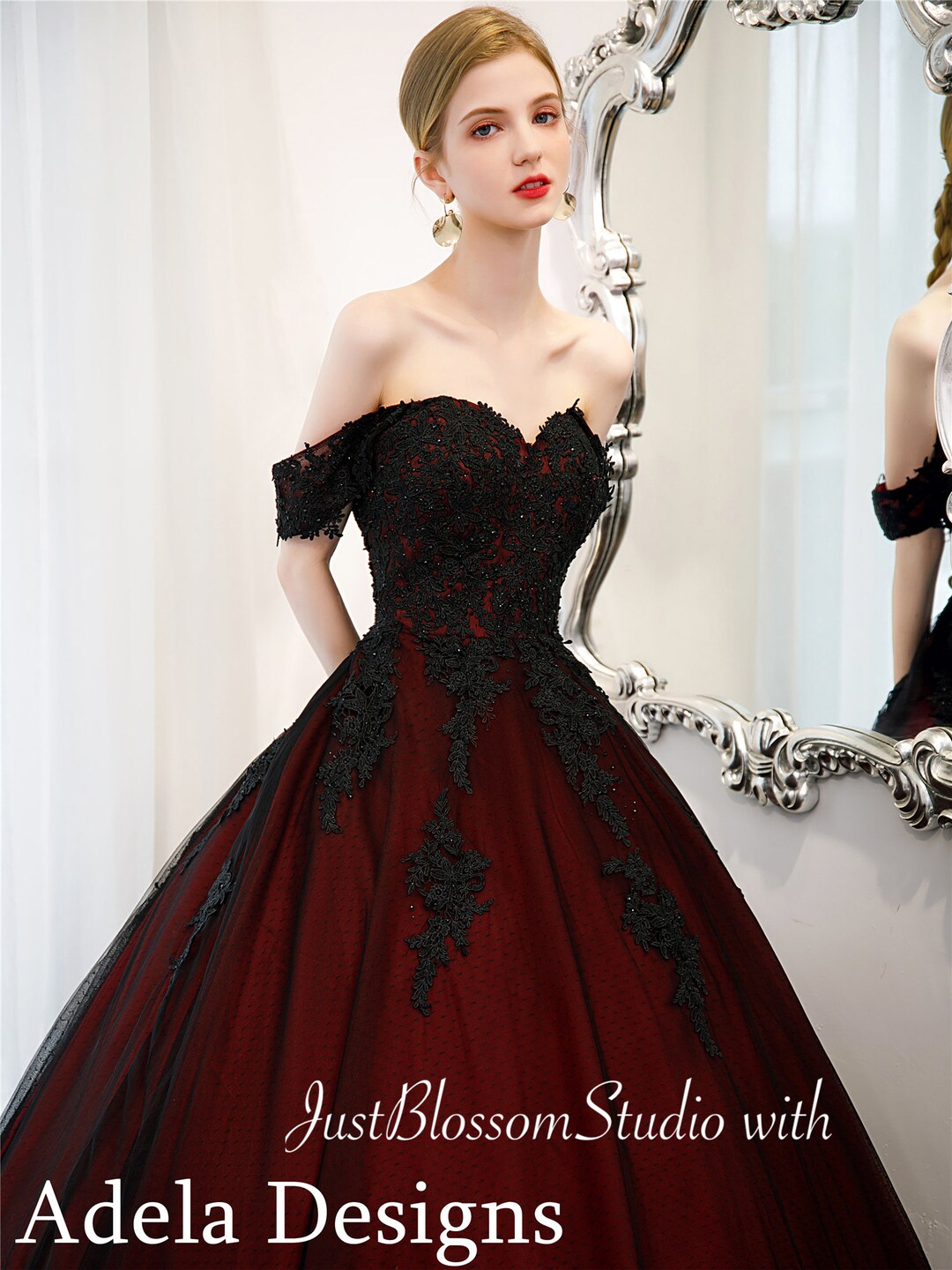 Dark Red Black Gothic off the Shoulder Open Back Bridal Ball Gown Black ...