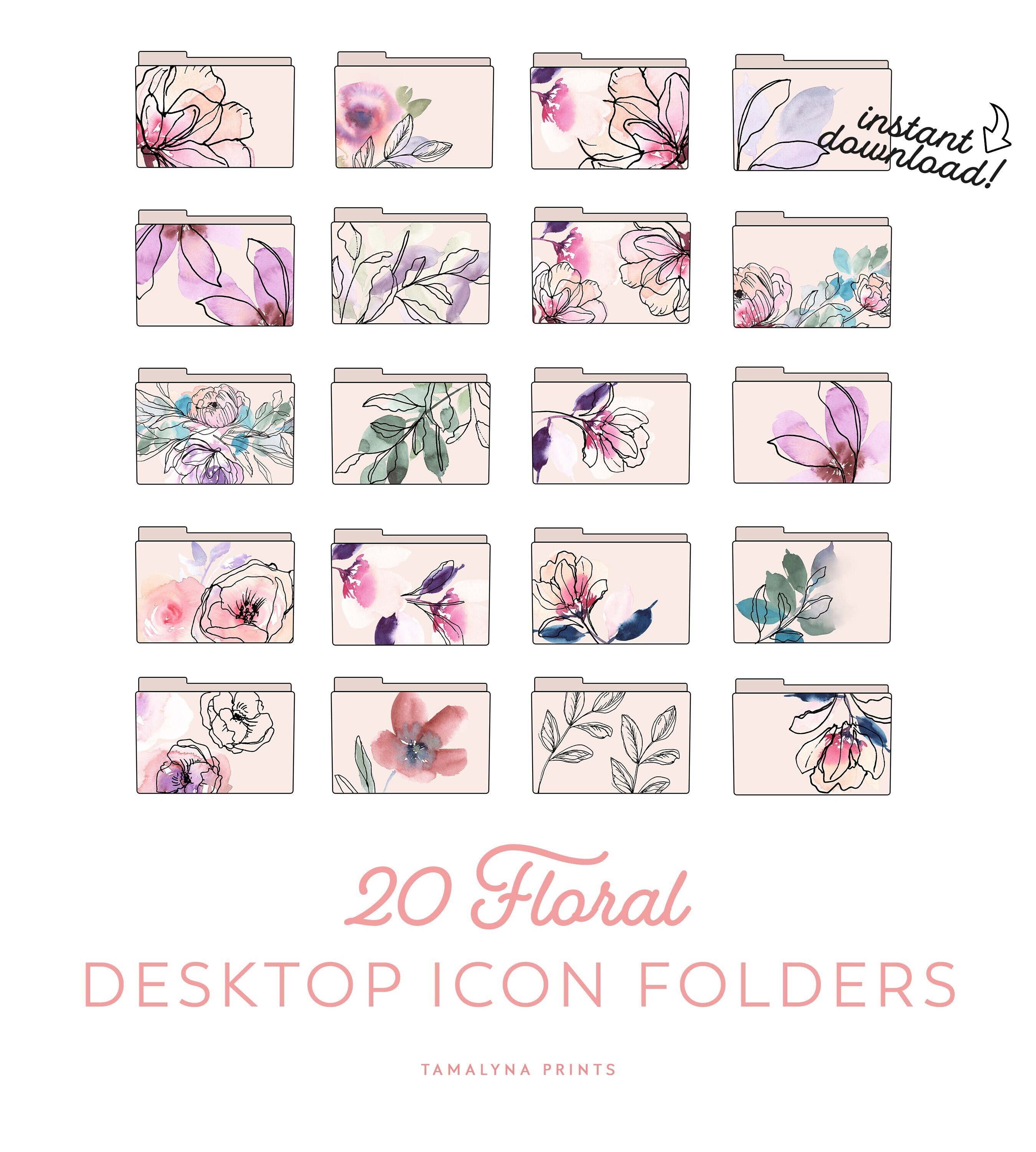 Floral Folder Icons Bundle Aesthetic 20 Desktop Folder Icons for ...
