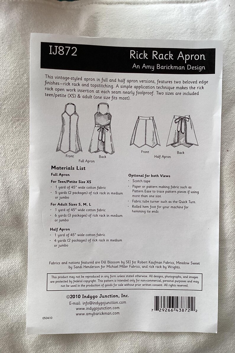 Indygo Junction Rick Rack Apron Pattern - New - Etsy