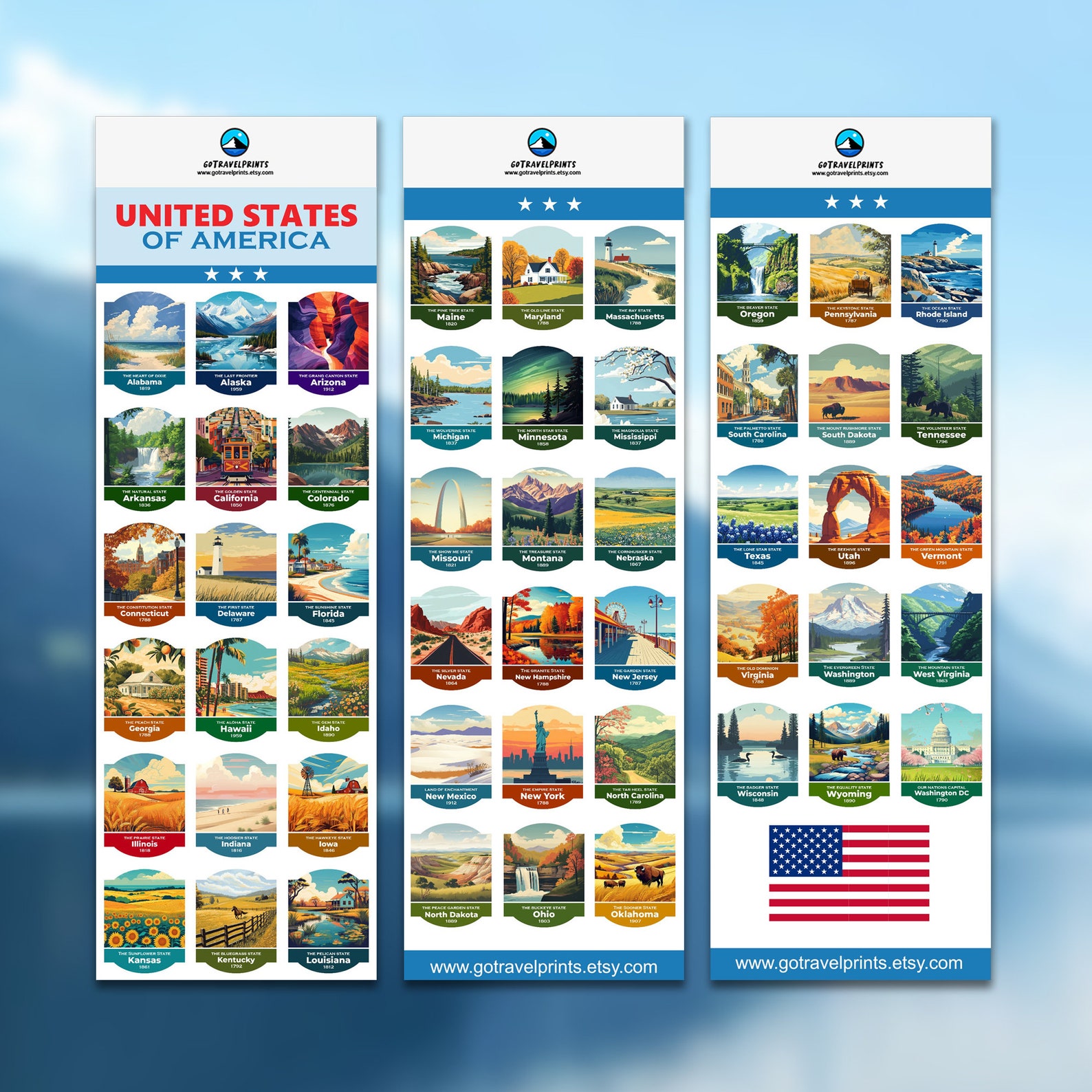 US States Sticker Sheet Set Bundle Travel Scrapbook American Landmarks ...