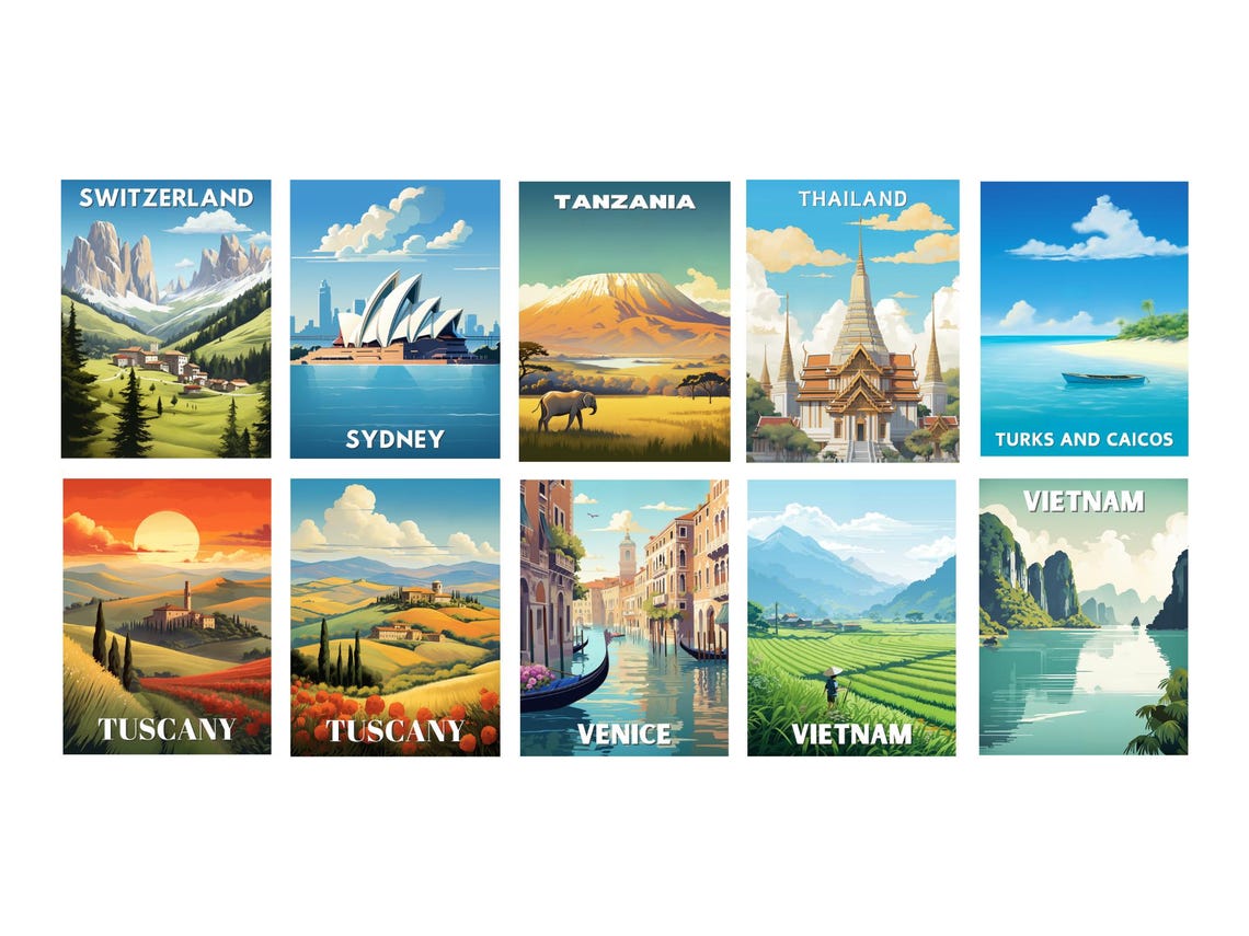 World Travel Poster Set: 70 Retro Landscape Prints (digital Download ...