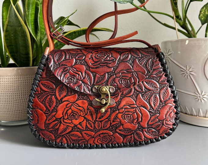 Leather Hand-tooled Embossed Mexican Floral Handbag, Handstitched ...
