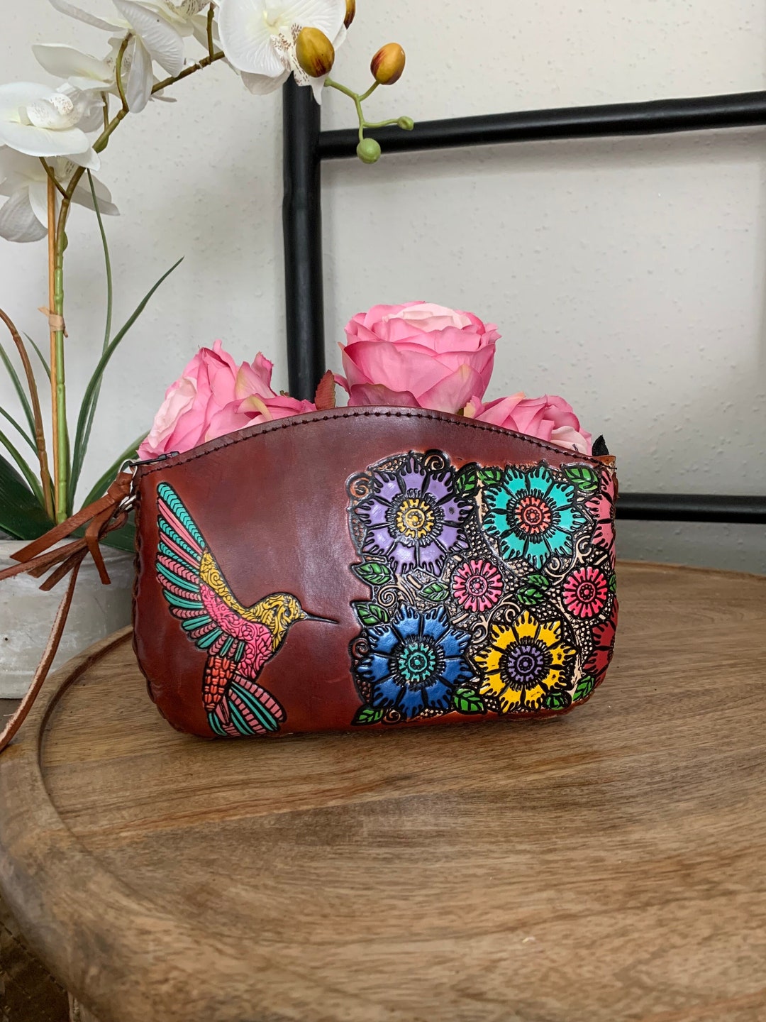 Hand-tooled Embossed Leather Floral Hummingbird Wristlet, Genuine ...