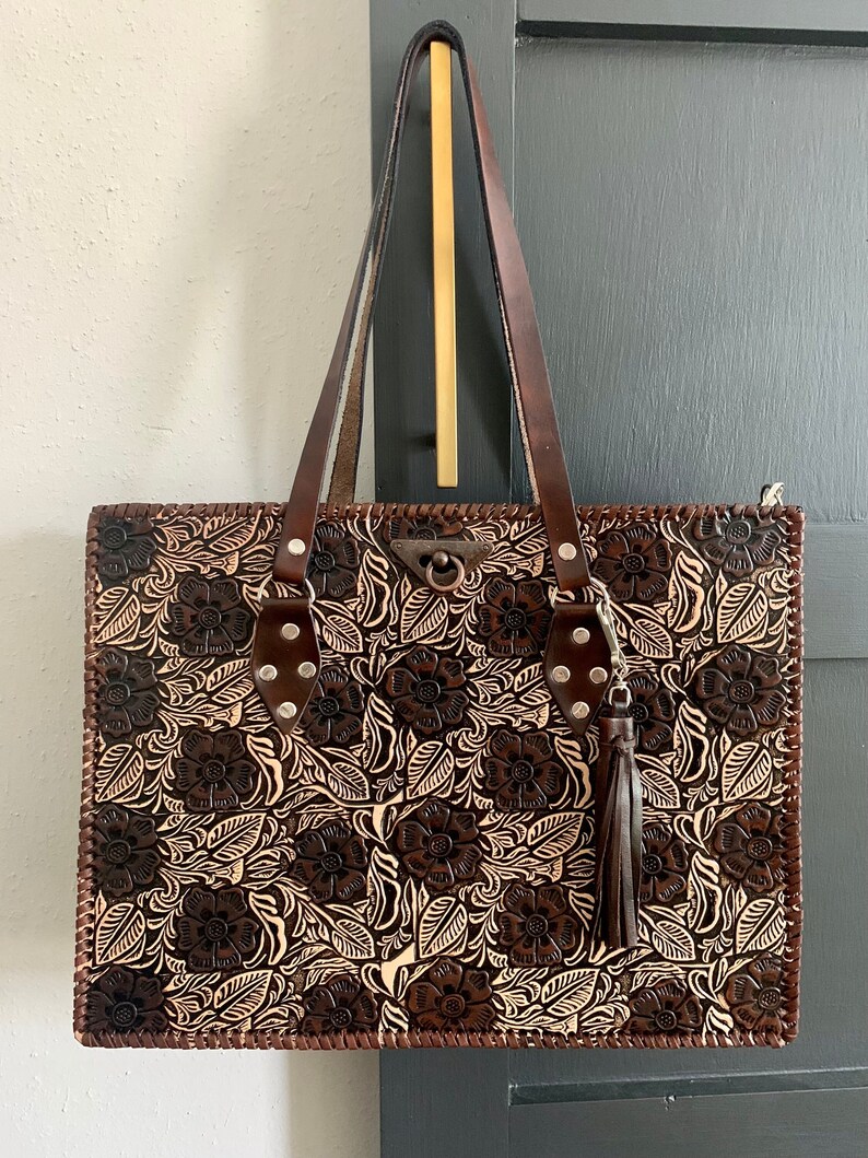 Leather Hand-tooled Embossed Mexican Floral Tote / Handmade - Etsy