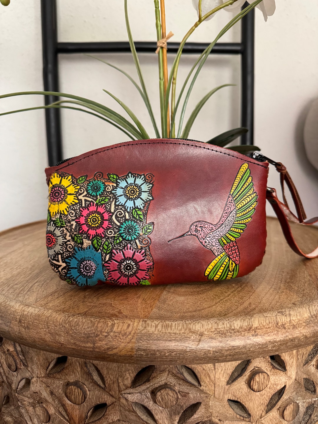 Hand-tooled Embossed Leather Floral Hummingbird Wristlet, Genuine ...