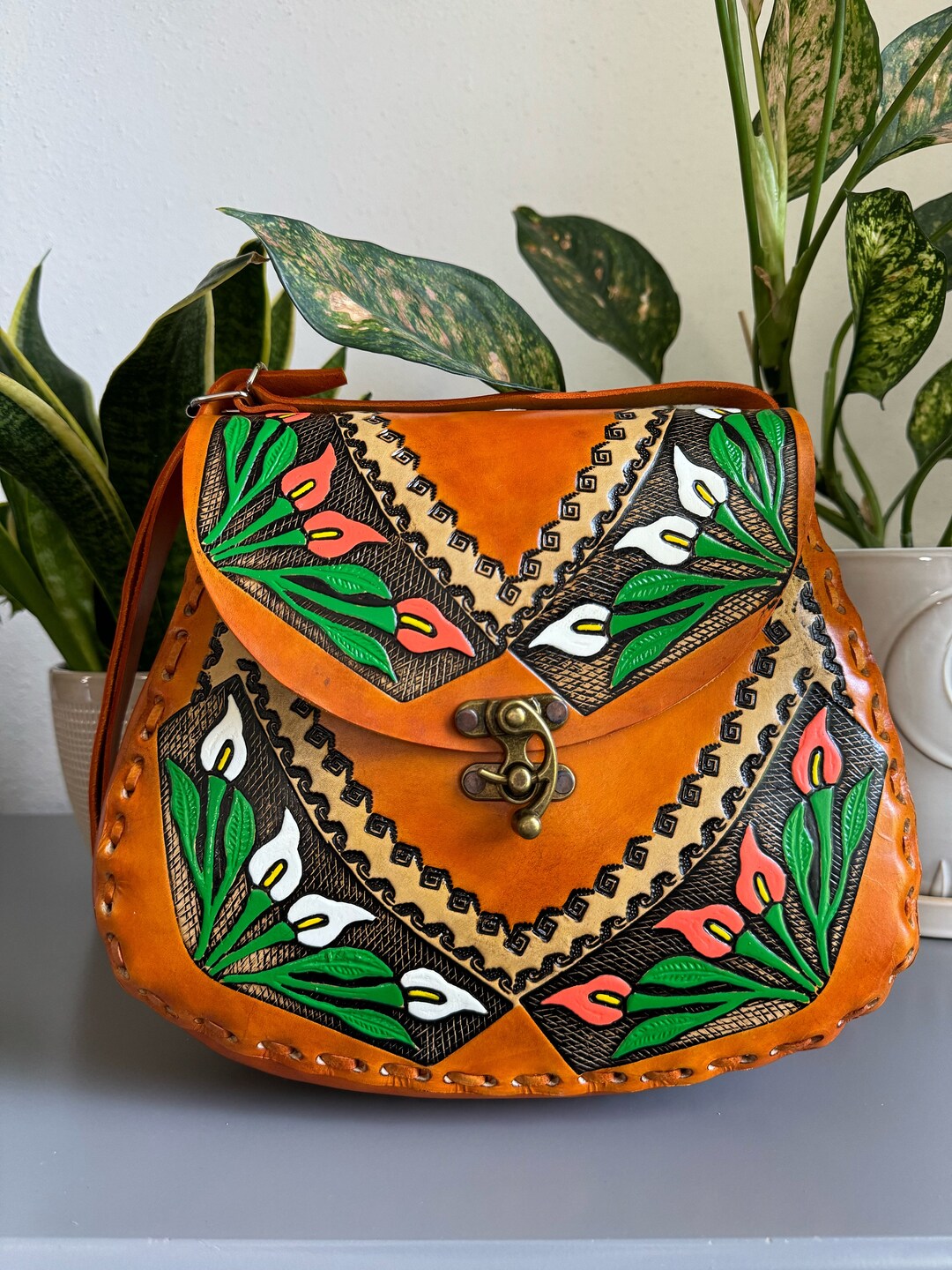 Large Leather Hand-tooled Embossed Mexican Peace Lily Floral Purse ...