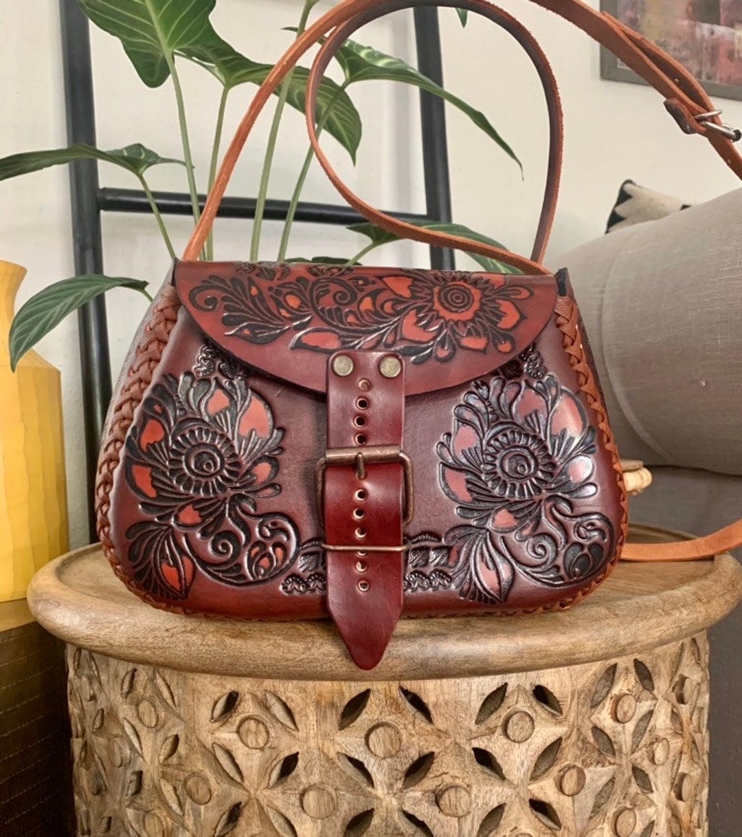Hand-tooled Embossed Leather, Mexican Floral Purse, Handmade Handbag ...