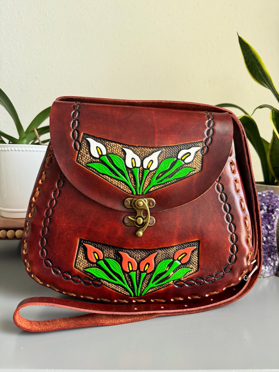 Large Leather Hand-tooled Embossed Mexican Peace Lily Floral Purse ...