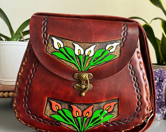 Large Leather Hand-tooled Embossed Mexican Peace Lily Floral Purse ...