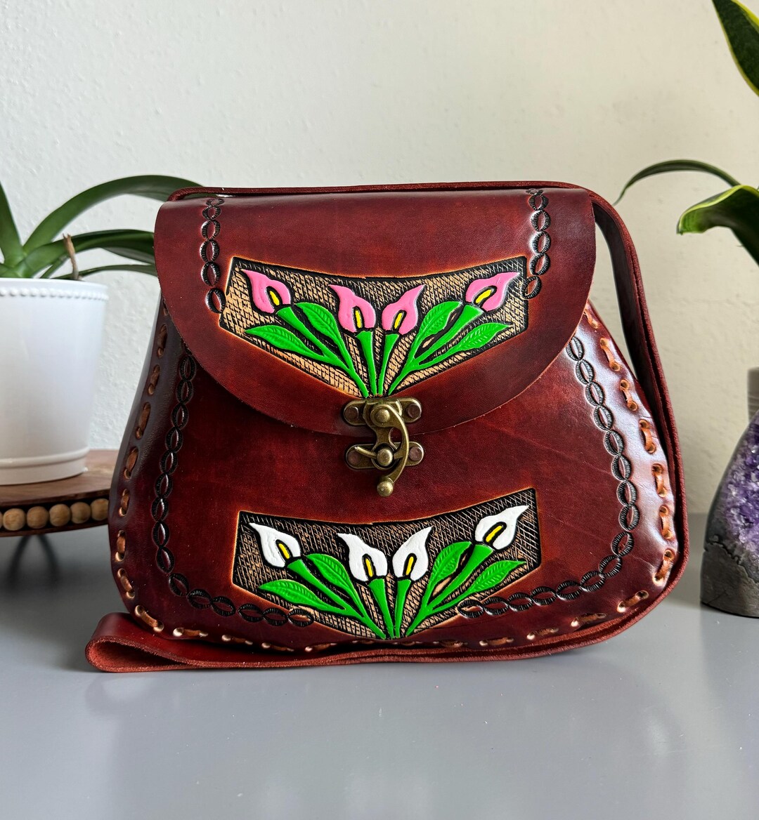 Large Leather Hand-tooled Embossed Mexican Peace Lily Floral Purse ...