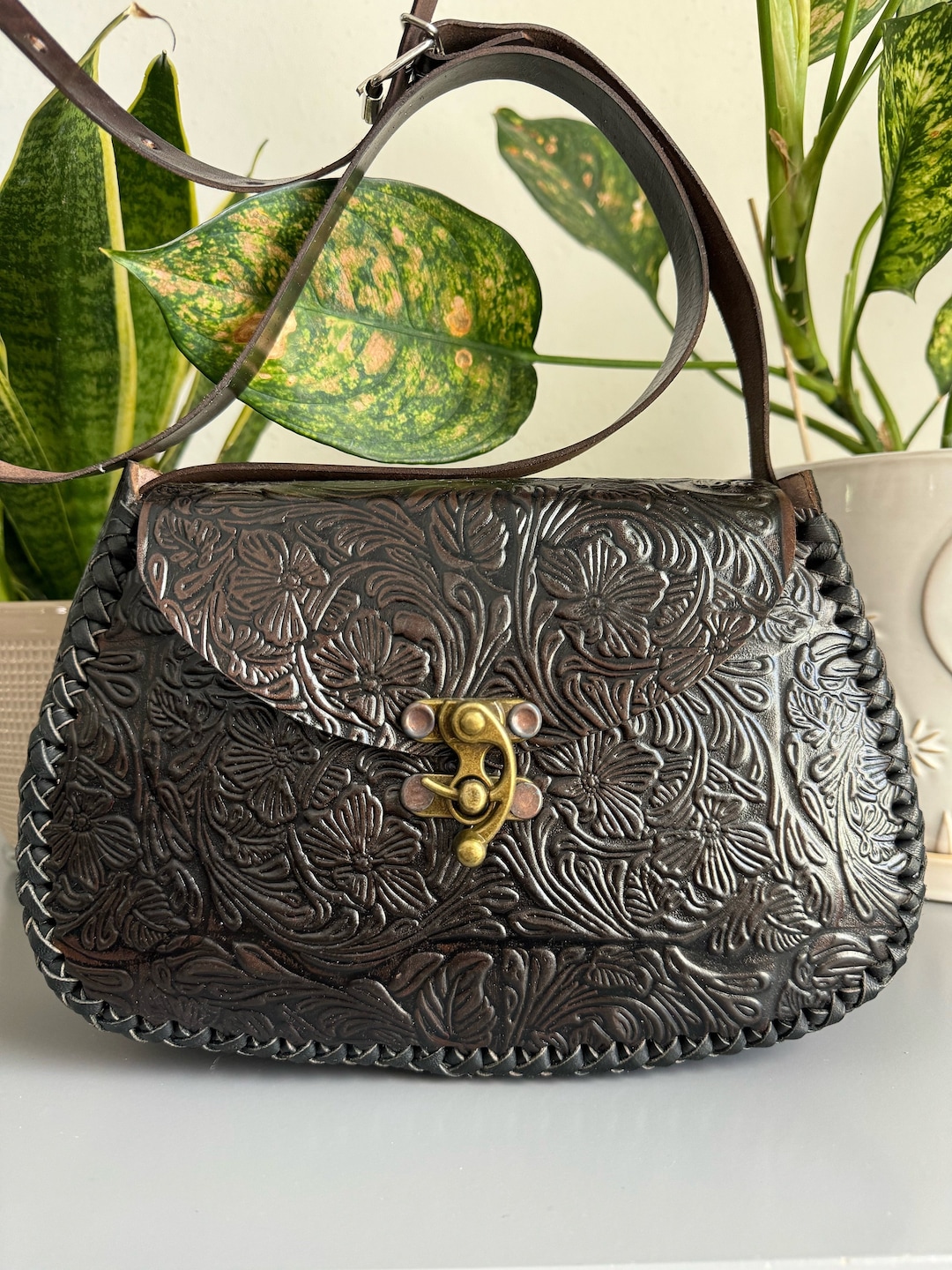 Leather Hand-tooled Embossed Mexican Floral Handbag, Handmade Floral ...