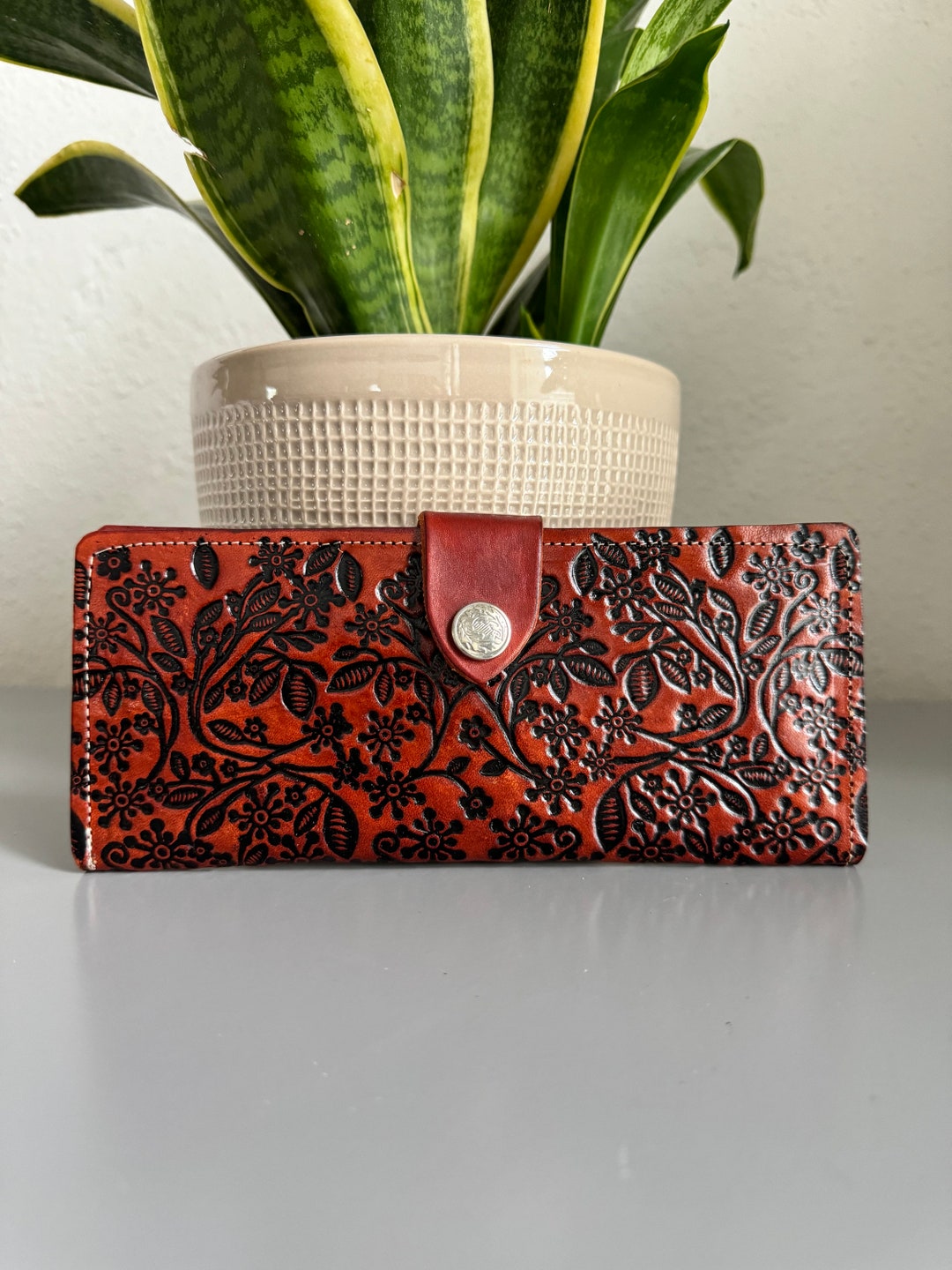 Hand Tooled Leather Wallet, Genuine Handmade Artisan Leather Botanical ...