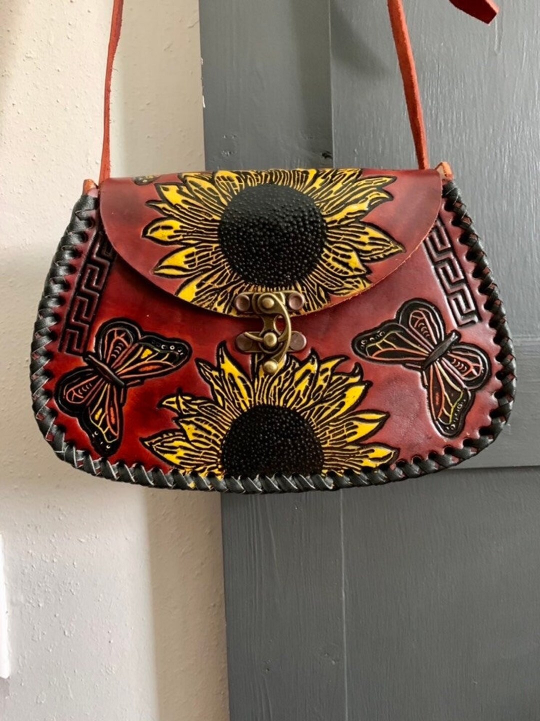 Leather Hand-tooled Embossed Mexican Floral Handbag, Handmade Sunflower ...