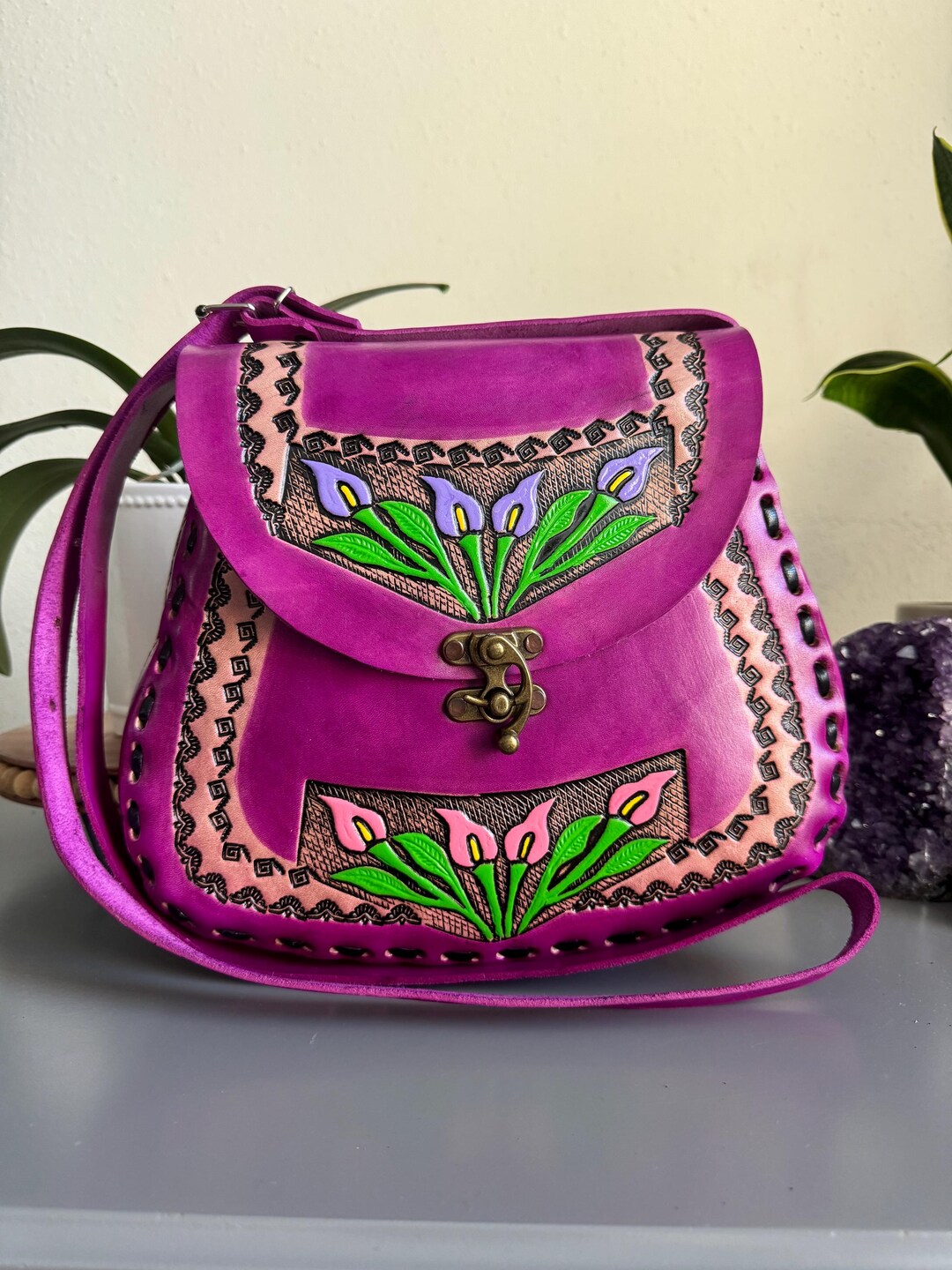 Large Leather Hand-tooled Embossed Mexican Peace Lily Floral Purse ...