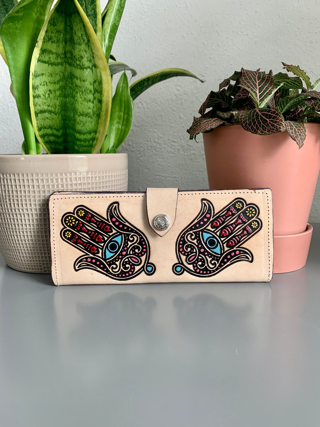 Hand Tooled Leather Wallet, Genuine Handmade Artisan Leather Hand of Fatima Wallet, Mexican ...