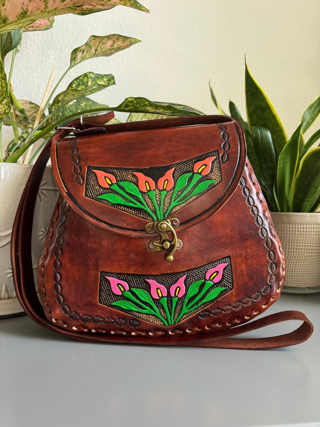 Large Leather Hand-tooled Embossed Mexican Peace Lily Floral Purse ...