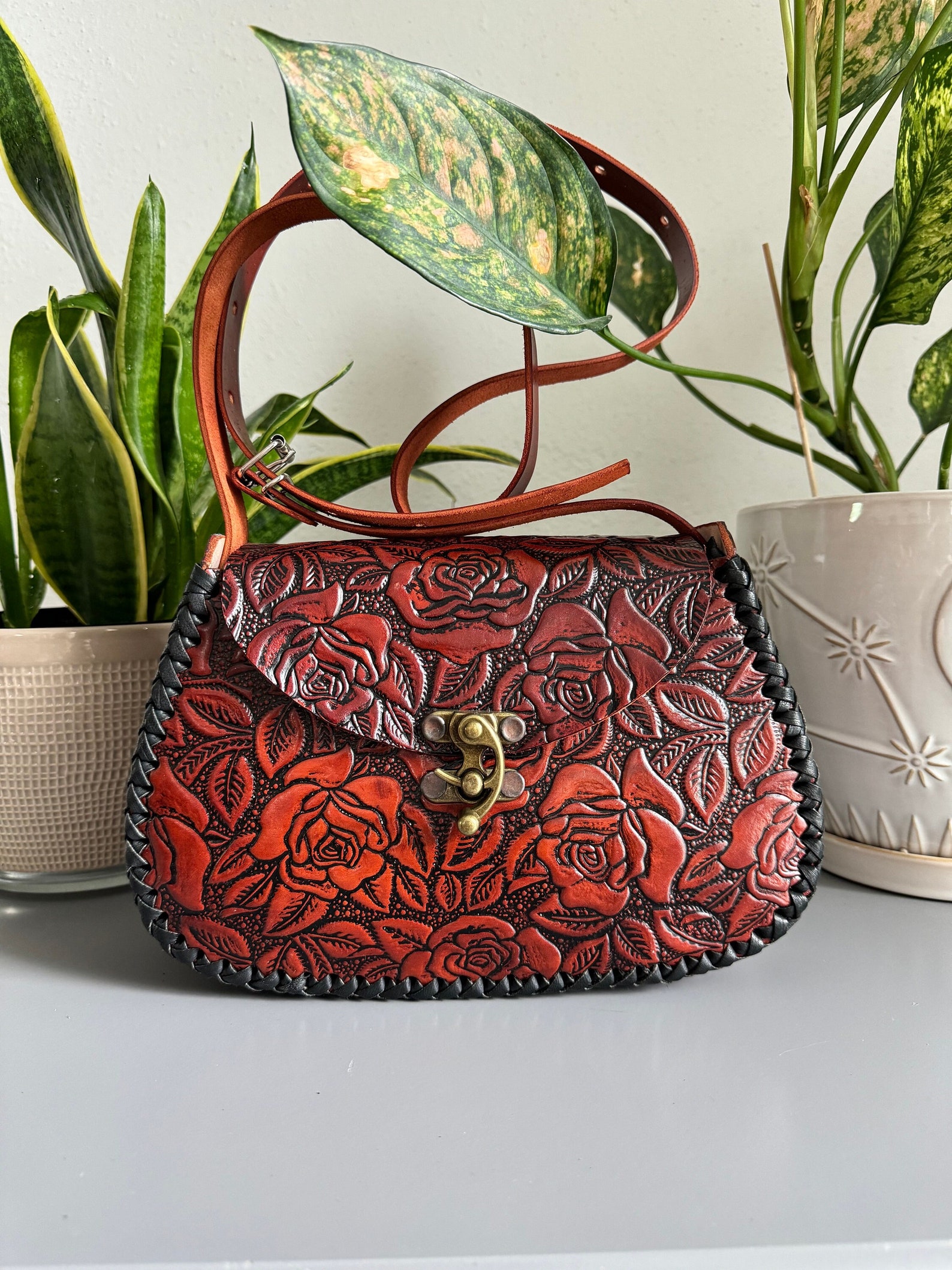 Leather Hand-tooled Embossed Mexican Floral Handbag, Handstitched ...