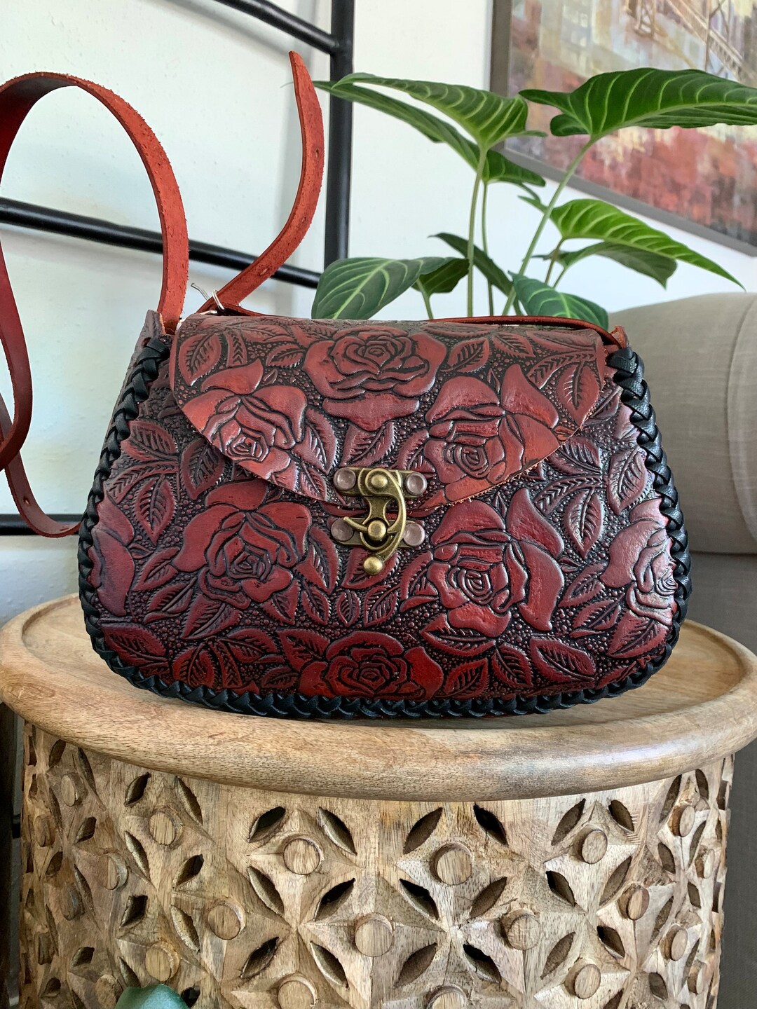 Leather Hand-tooled Embossed Mexican Floral Handbag, Handmade Flower ...