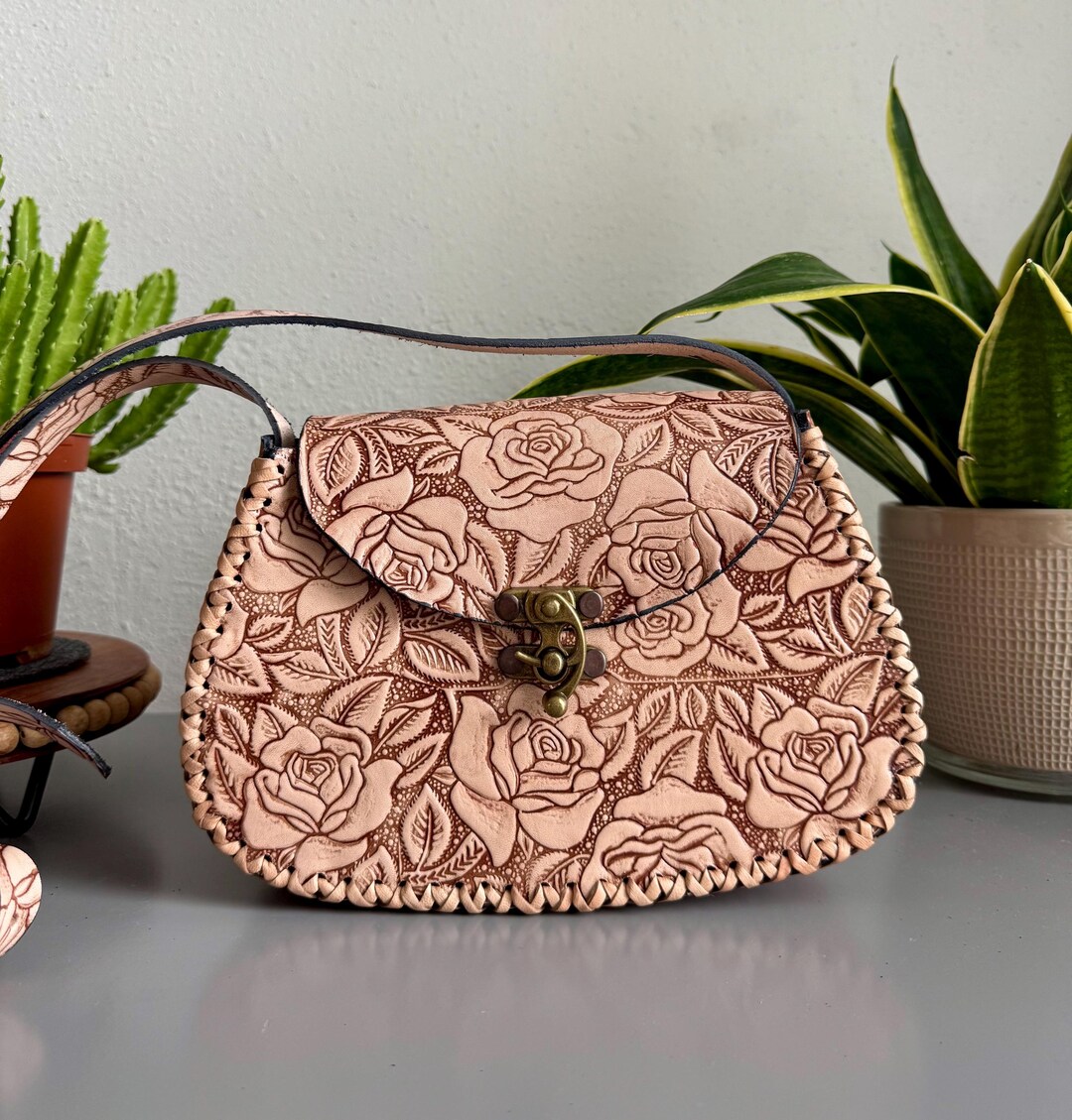 Leather Hand-tooled Embossed Mexican Floral Handbag, Handmade Rose ...