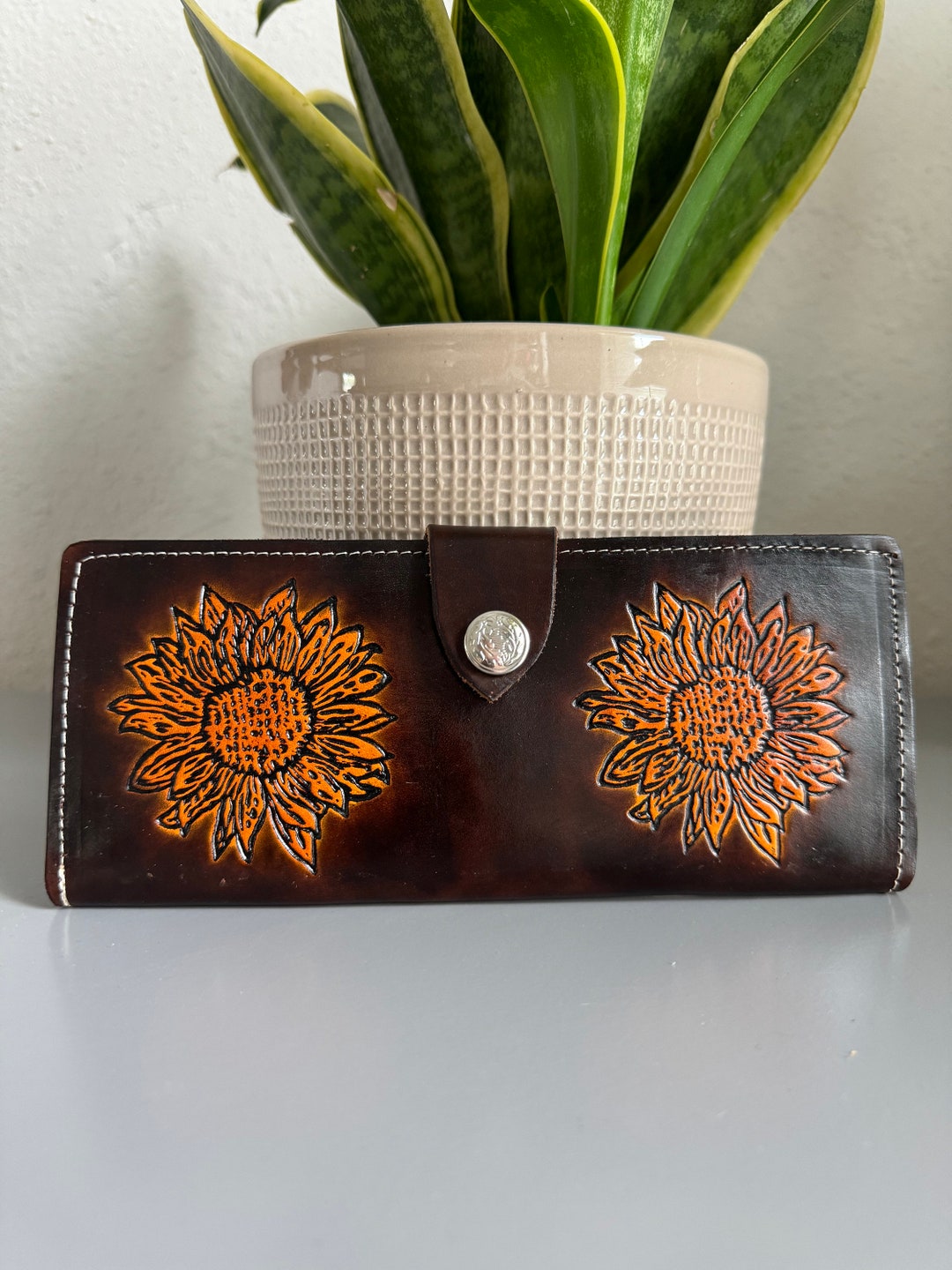 Hand Tooled Leather Wallet, Genuine Handmade Artisan Leather Sunflower ...