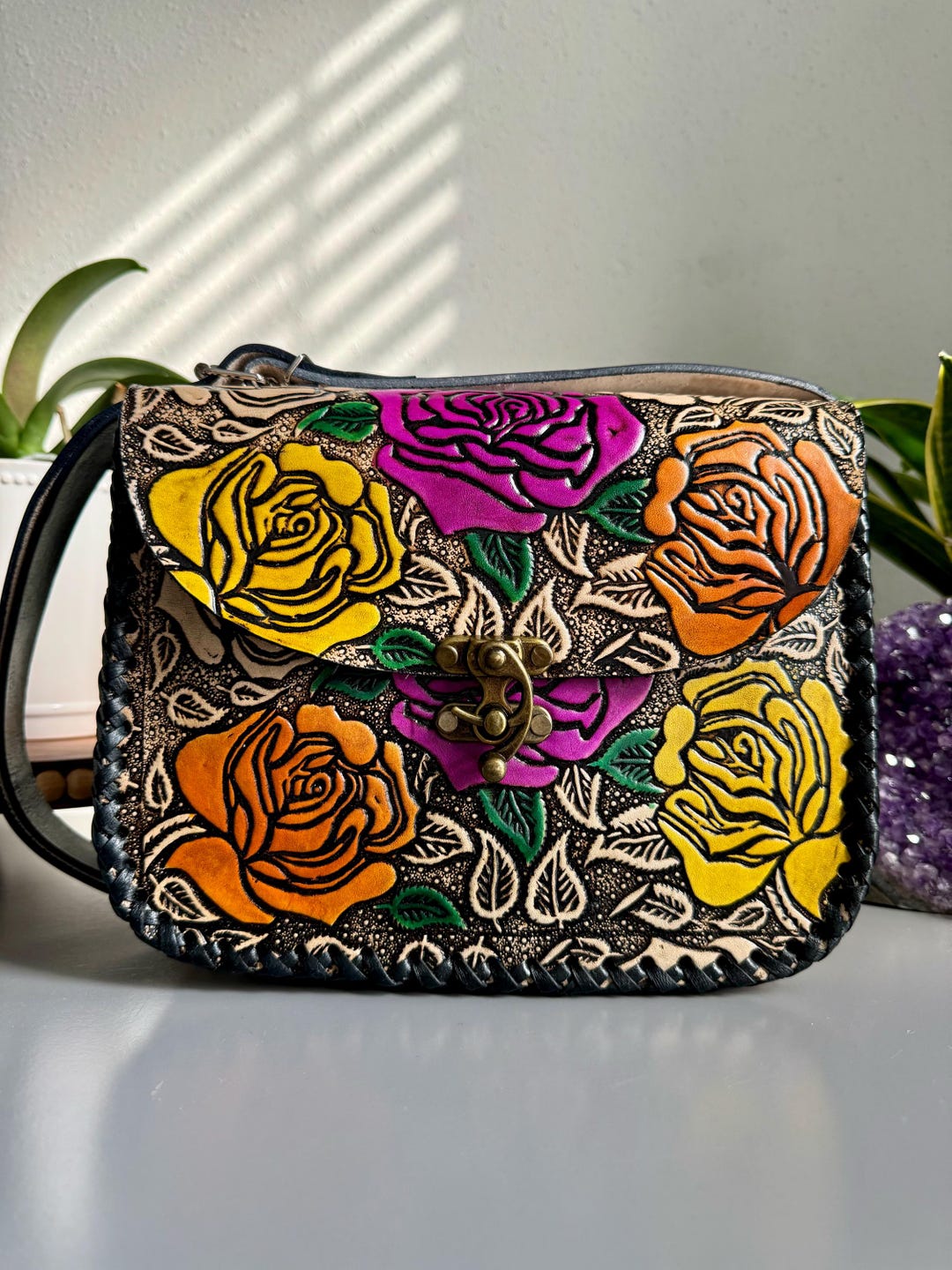 Leather Hand-tooled Embossed Mexican Floral Handbag / Handmade Rose ...