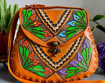 Large Leather Hand-tooled Embossed Mexican Peace Lily Floral Purse ...