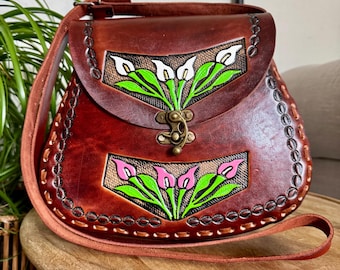 Large Leather Hand-tooled Embossed Mexican Peace Lily Floral Purse ...