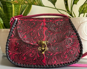 Leather Hand-tooled Embossed Mexican Floral Handbag, Handmade Floral ...