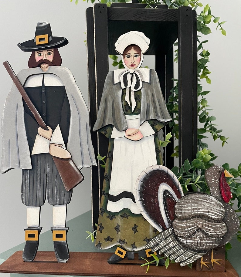 Thanksgiving Pilgrims and Turkey SVG File, Detailed Standing People ...