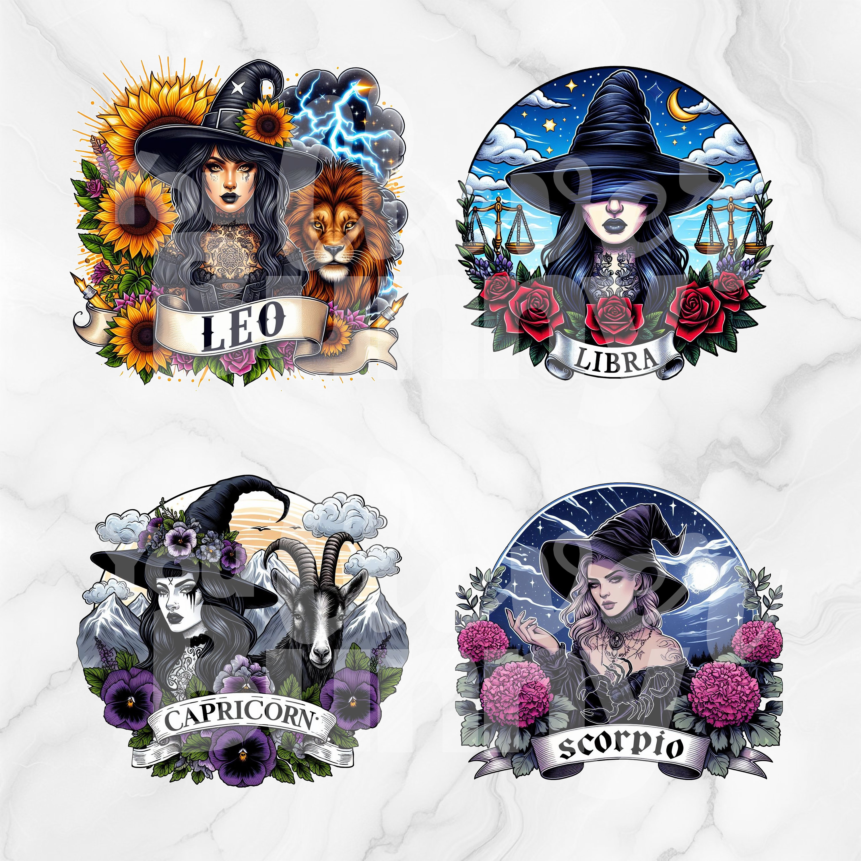 Gothic Zodiac Witch Clipart Bundle, Commercial Use, Cute Spooky Creepy ...