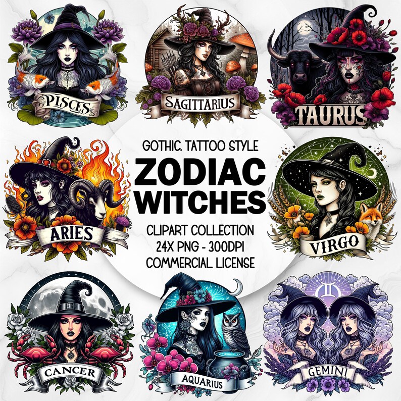 Gothic Zodiac Witch Clipart Bundle, Commercial Use, Cute Spooky Creepy ...