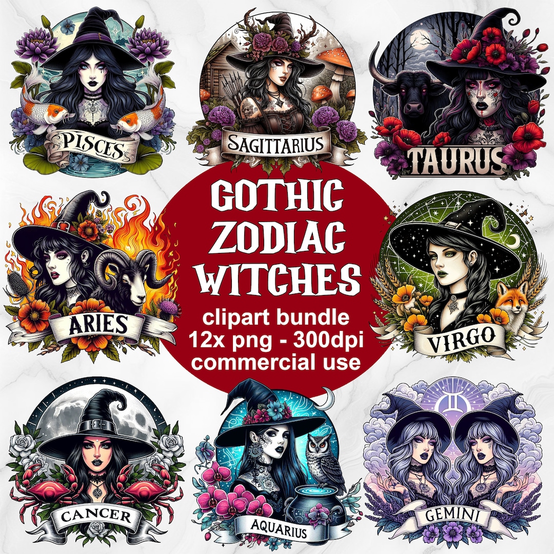 Gothic Zodiac Witch Clipart Bundle, Commercial Use, Cute Spooky Creepy ...