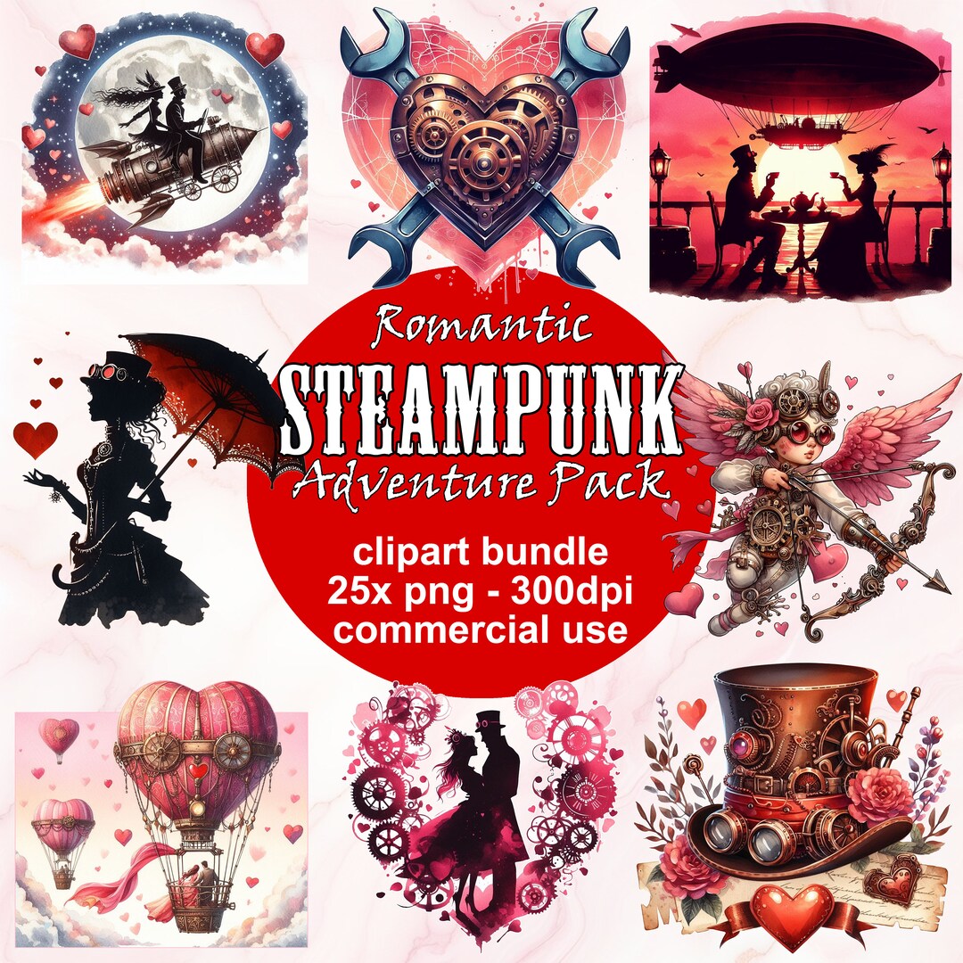 Steampunk Valentines Day Watercolor Clipart Digital Bundle, Commercial ...