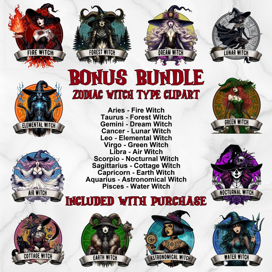 Gothic Zodiac Witch Clipart Bundle, Commercial Use, Cute Spooky Creepy ...