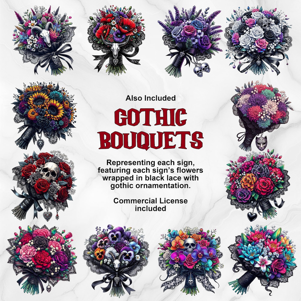 Gothic Zodiac Flowers Clipart Bundle, Commercial Use, Cute Spooky ...