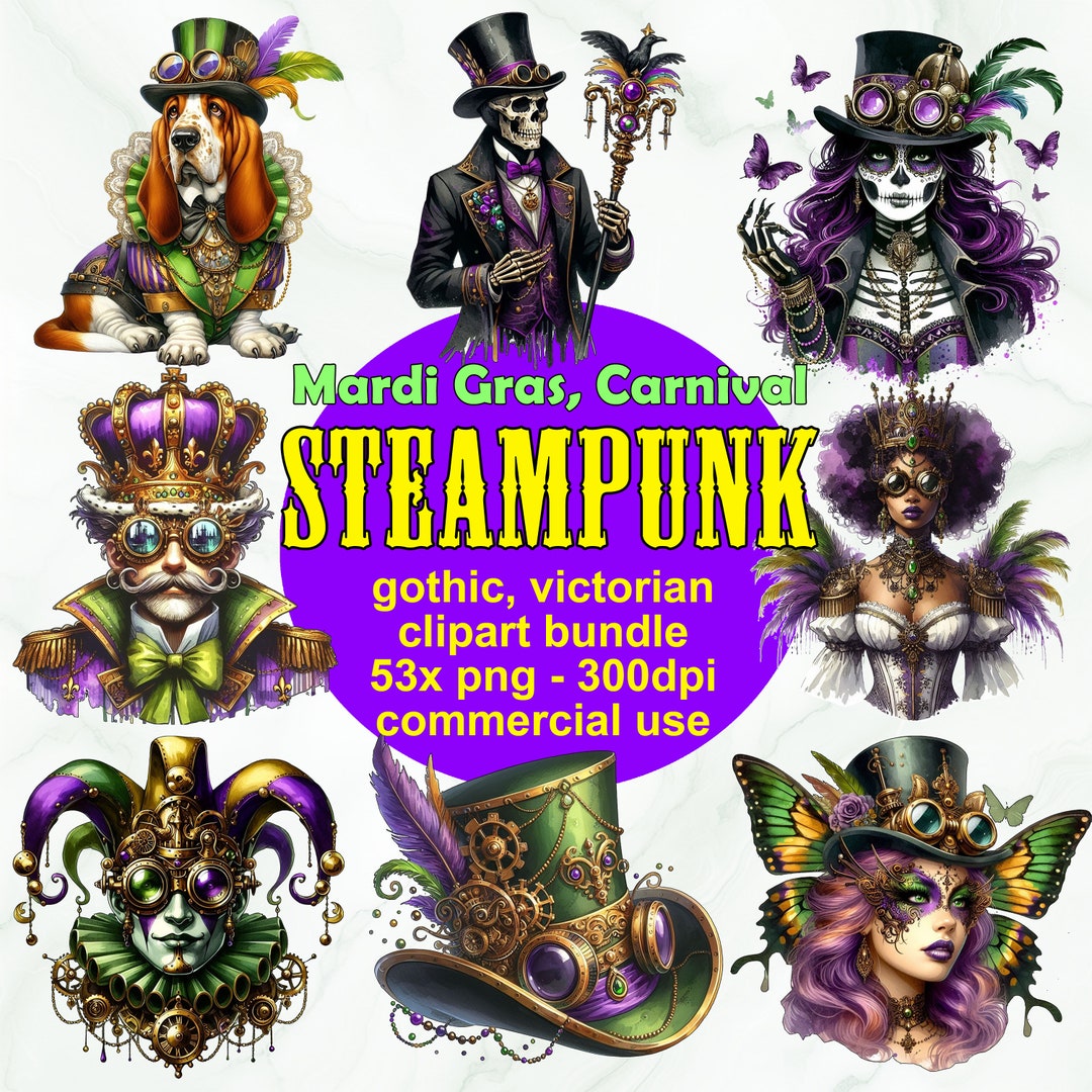 Steampunk Mardi Gras Carnival Watercolor Clipart Digital Bundle ...