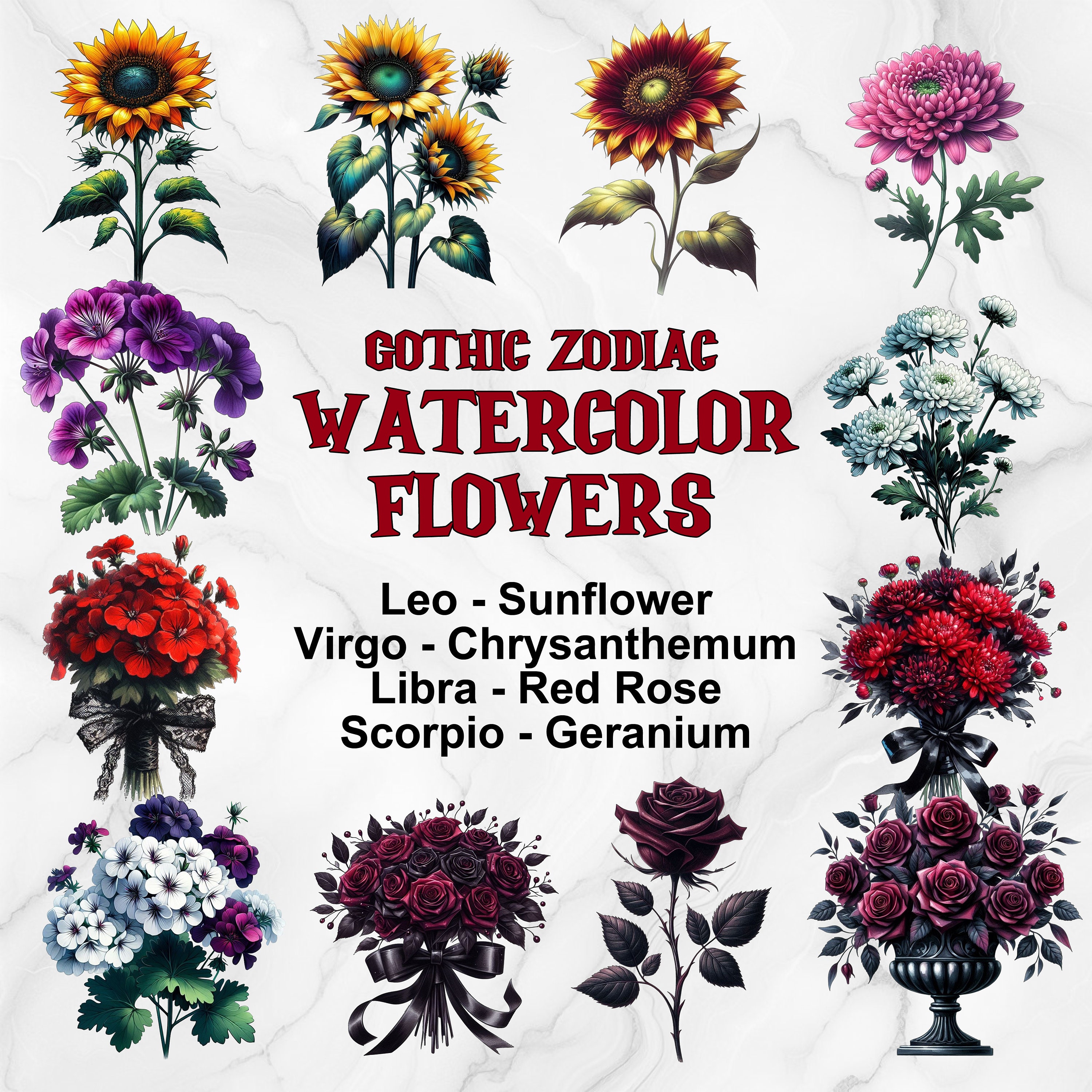 Gothic Zodiac Flowers Watercolor Clipart Bundle, Commercial Use, Cute ...