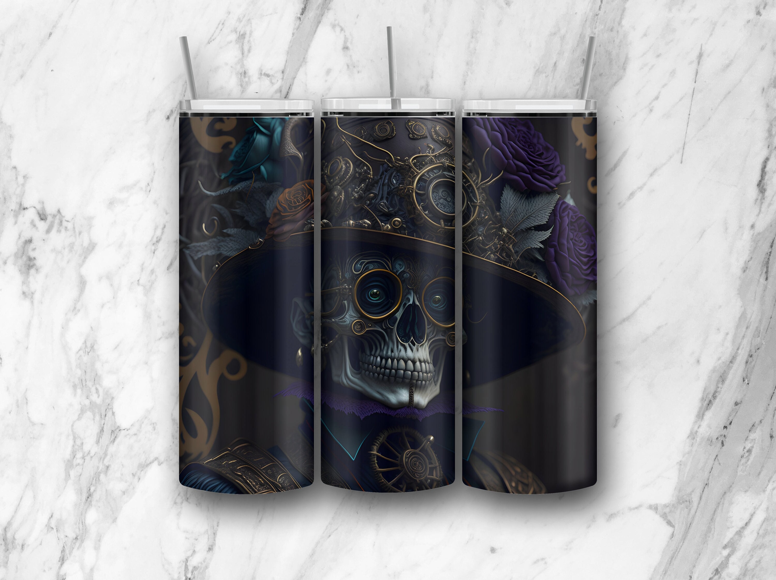 Steampunk Sugar Skull Tumbler Wrap PNG, Clockwork Halloween, Eldritch ...