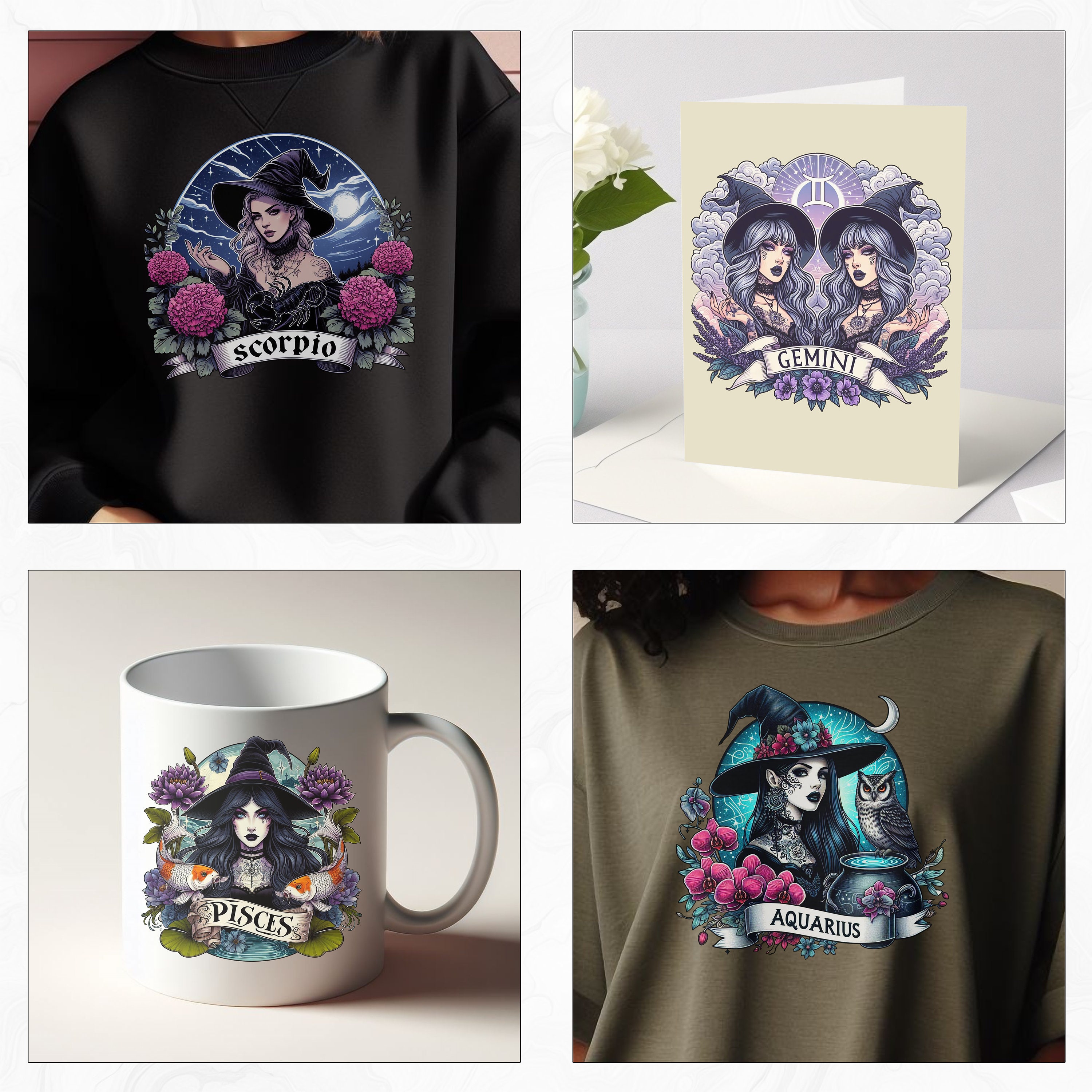 Gothic Zodiac Witch Clipart Bundle, Commercial Use, Cute Spooky Creepy ...