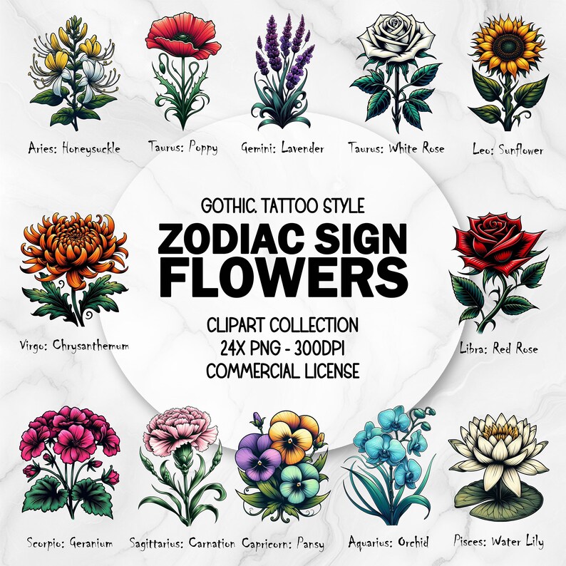 Gothic Zodiac Flowers Clipart Bundle, Commercial Use, Cute Spooky ...