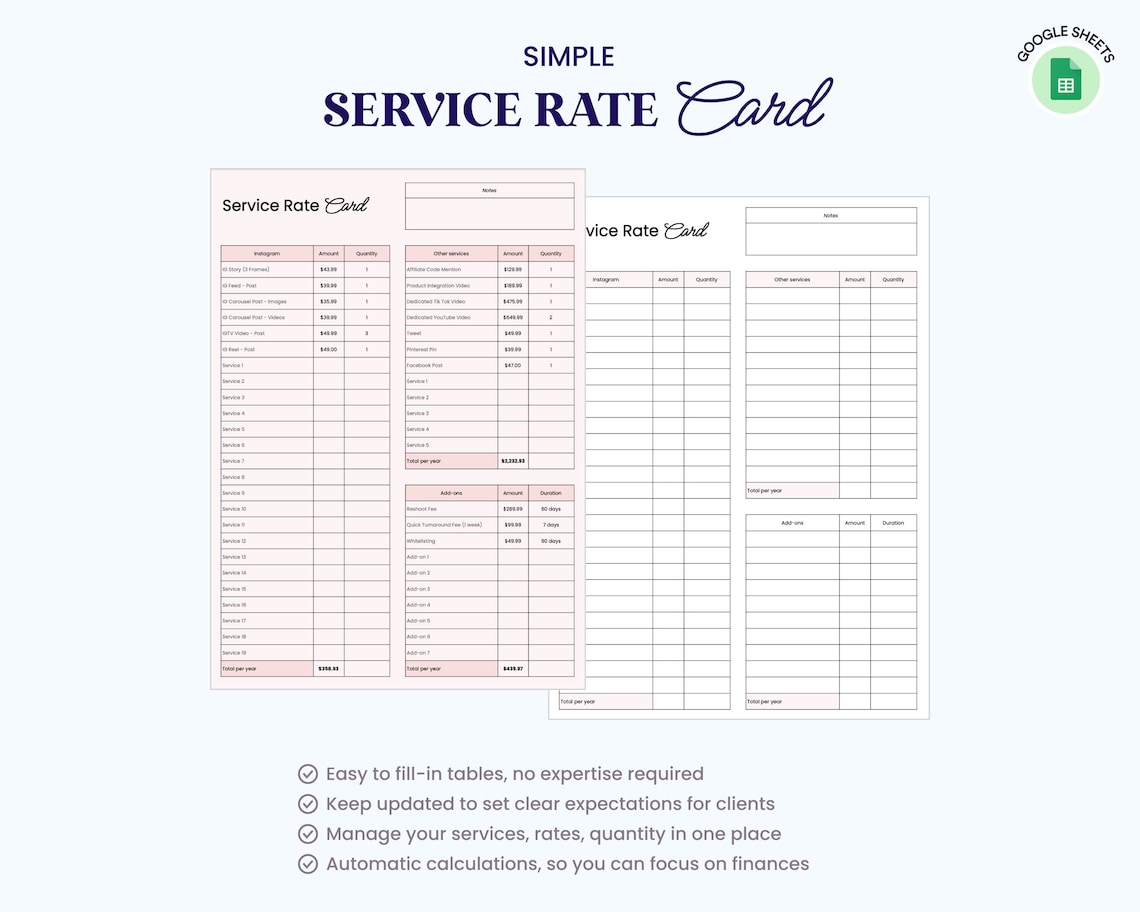 Simple Service Rate Card | A4 Printable | Budget Template | Financial ...