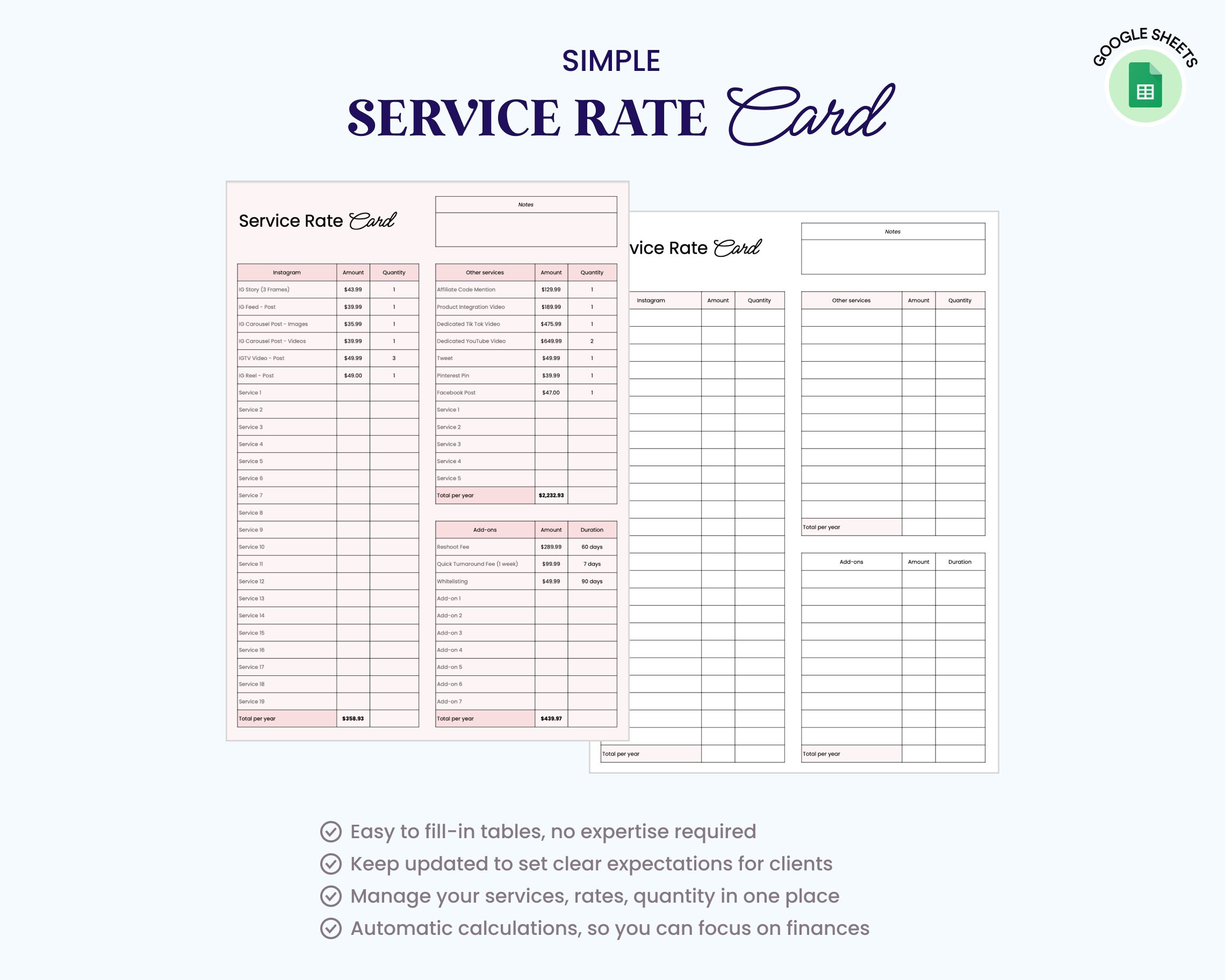 Simple Service Rate Card | A4 Printable | Budget Template | Financial ...