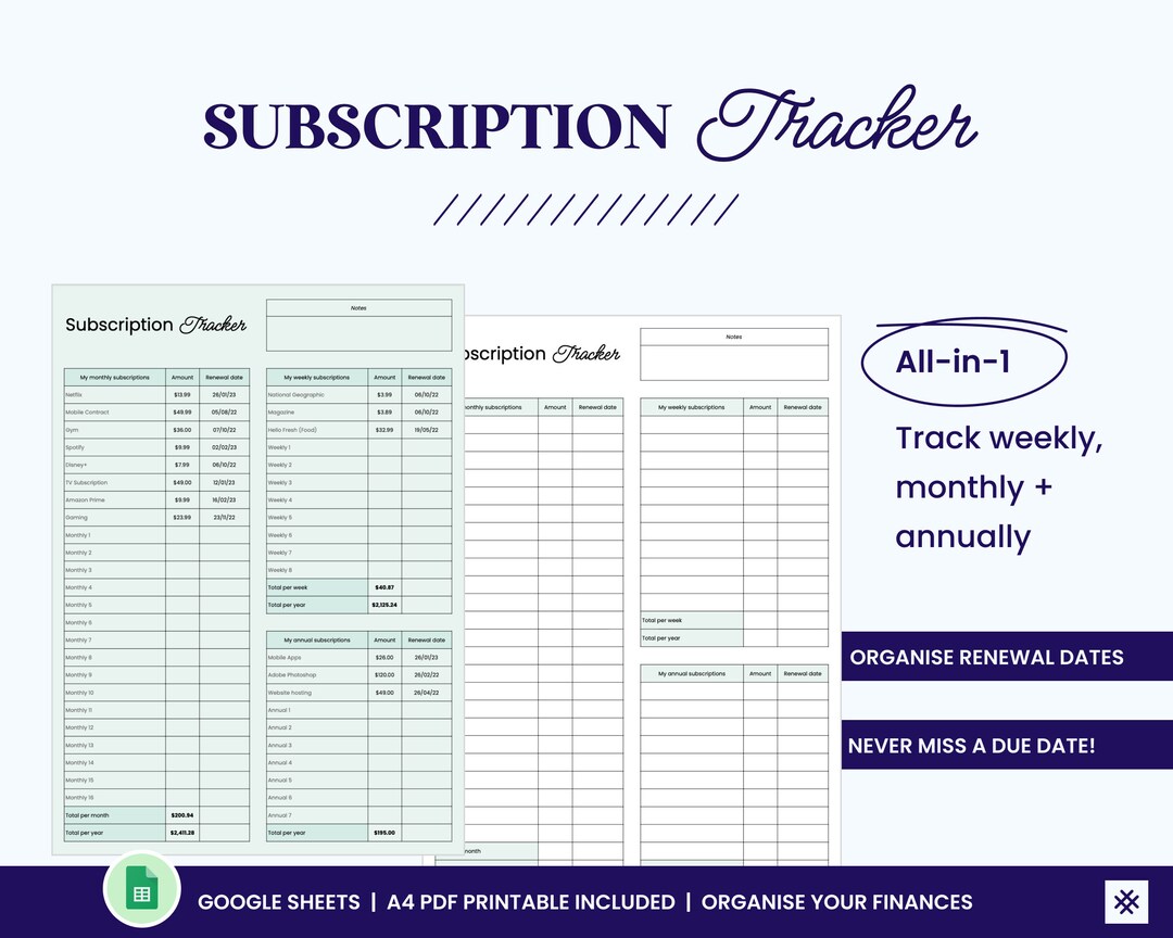 Simple Subscription Tracker | A4 Printable Subscription Tracker ...