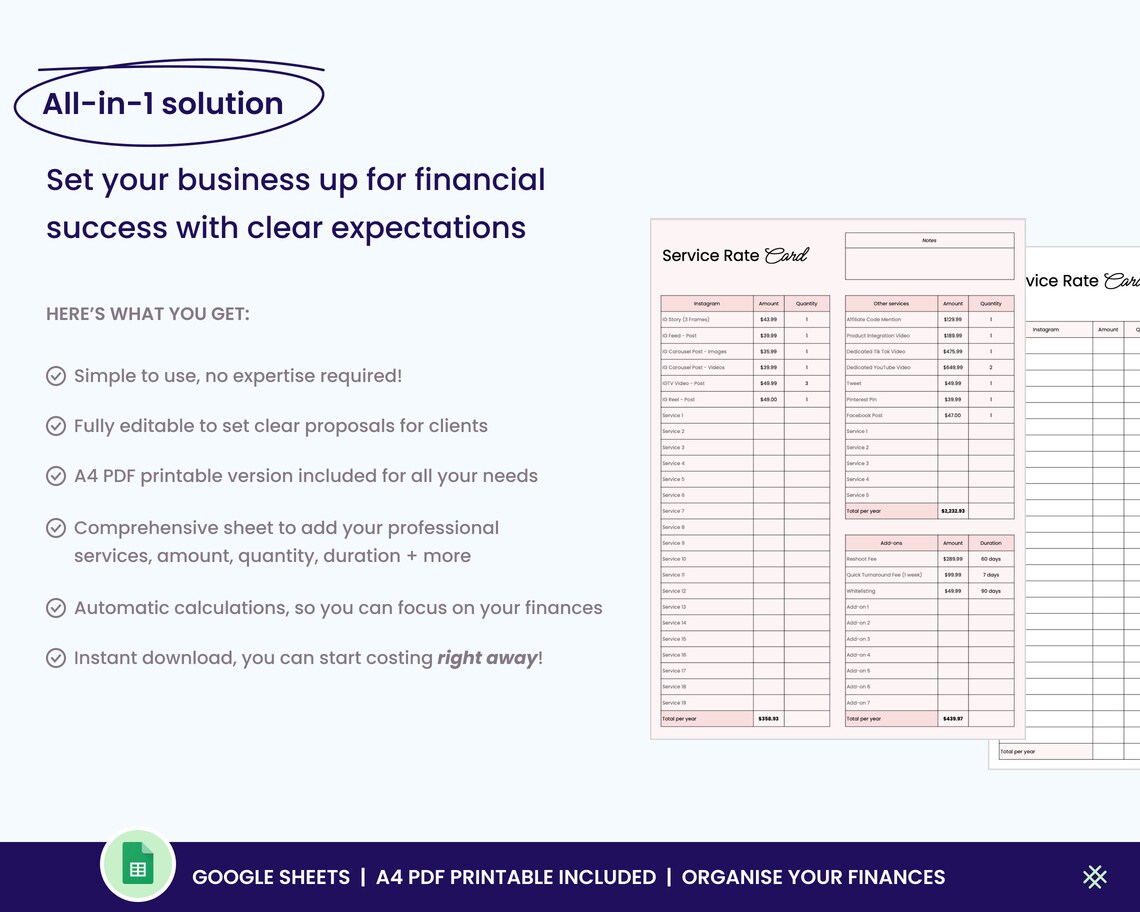 Simple Service Rate Card | A4 Printable | Budget Template | Financial ...