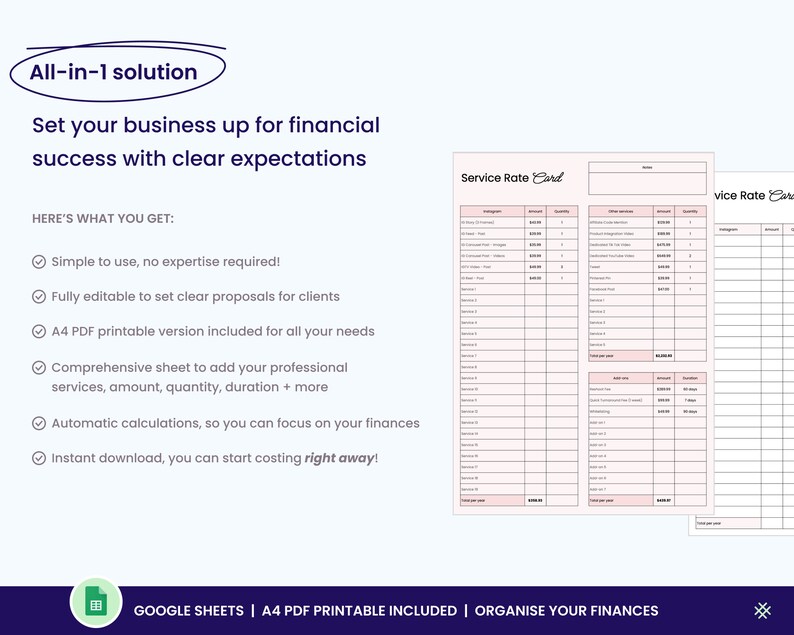 Simple Service Rate Card | A4 Printable | Budget Template | Financial ...