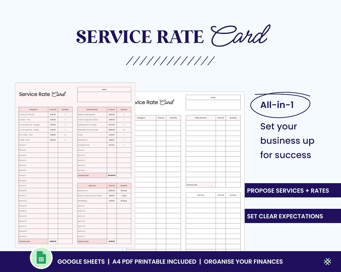 Simple Service Rate Card | A4 Printable | Budget Template | Financial ...