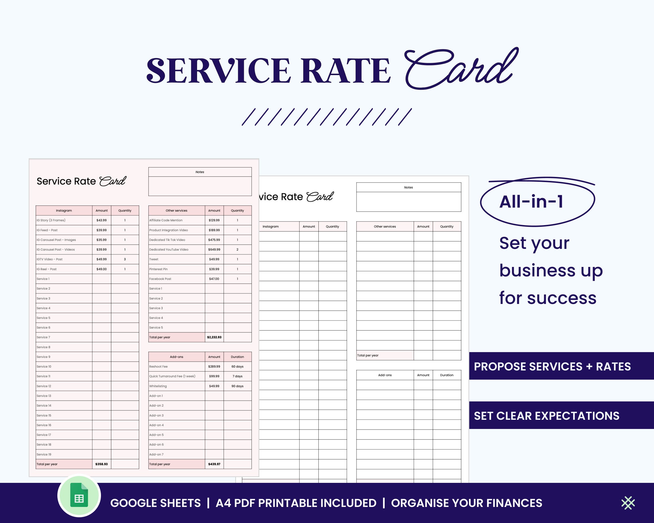 Simple Service Rate Card | A4 Printable | Budget Template | Financial ...