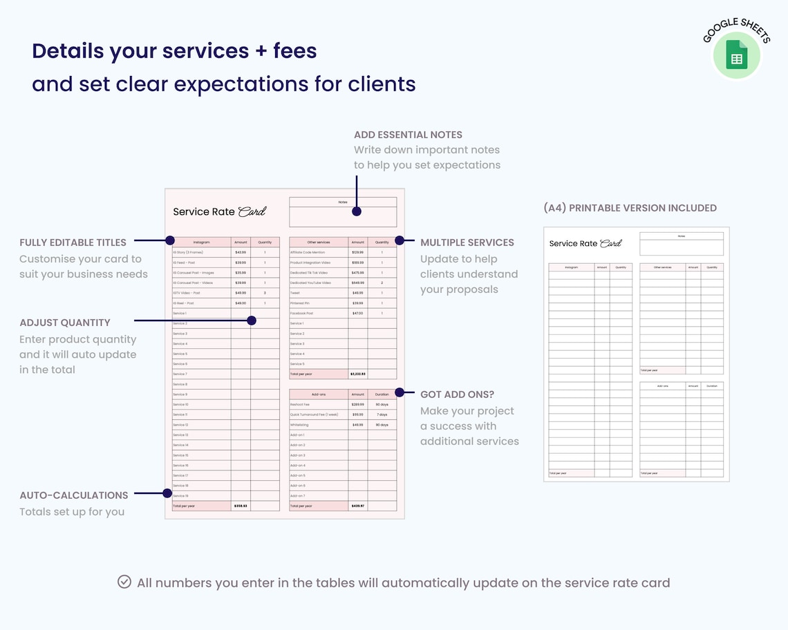 Simple Service Rate Card | A4 Printable | Budget Template | Financial ...