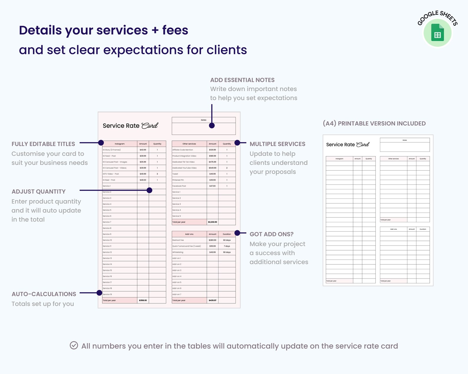 Simple Service Rate Card | A4 Printable | Budget Template | Financial ...